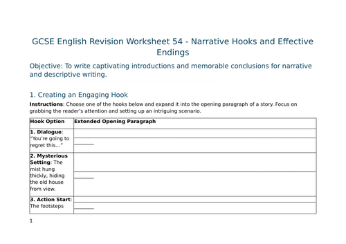 Narrative Hooks and Effective Endings – GCSE Worksheet 54 | Teaching ... Narrative Hooks and Effective Endings – GCSE Worksheet 54 | Teaching ...
