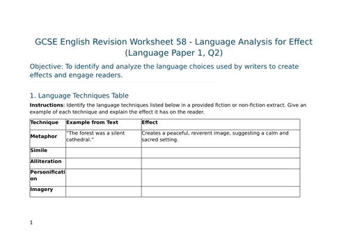 Language Analysis for Effect (Language Paper 1, Q2) – GCSE Worksheet 58 ...