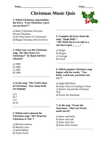 Christmas Music Quiz (Cover) | Teaching Resources