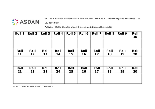 ASDAN Maths Short Course - Module 2 - Dice Roll | Teaching Resources