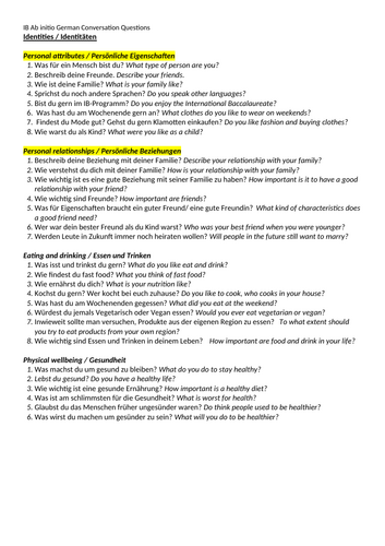 IB Ab Initio German Speaking Question Bank | Teaching Resources