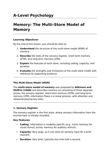 The Multi-Store Model of Memory - A-Level Psychology Lesson | Teaching ...