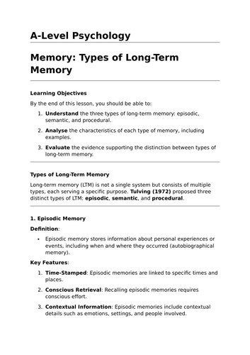 Types of Long-Term Memory - A-Level Psychology Lesson | Teaching Resources