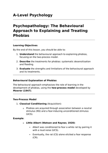 Explaining and Treating Phobias - A-Level Psychology Lesson | Teaching ...