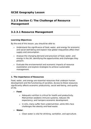 Resource Management - GCSE Geography Lesson | Teaching Resources