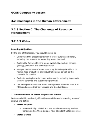 Water - GCSE Geography Lesson | Teaching Resources