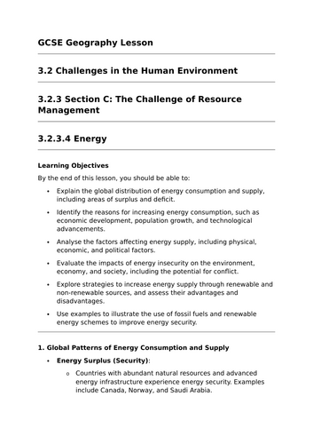 Energy - GCSE Geography Lesson | Teaching Resources