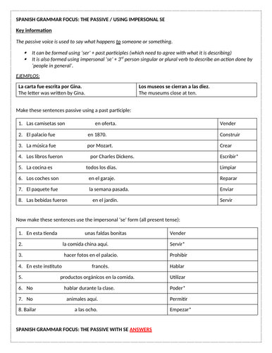 Spanish Grammar focus: using passive and 'se' | Teaching Resources