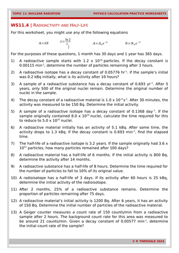 Radioactivity: Activity and Half-Life Calculations | Teaching Resources
