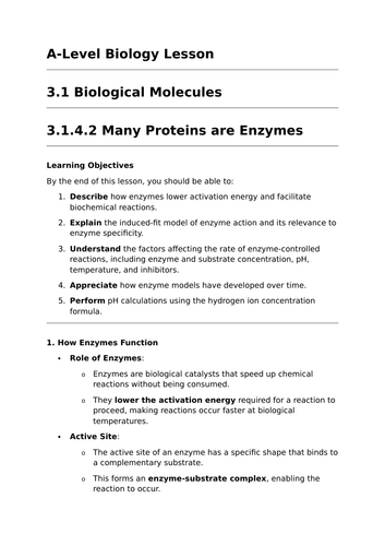 Proteins and Enzymes - A-Level Biology Lesson | Teaching Resources