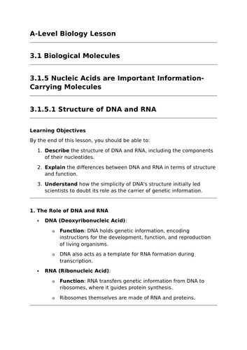 RNA and DNA Structure - A-Level Biology Lesson | Teaching Resources