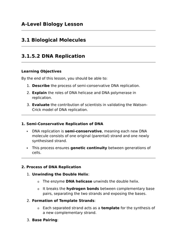 Dna Replication A Level Biology Lesson Teaching Resources