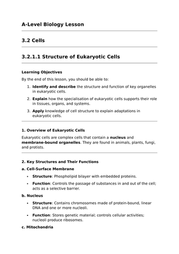 Structure of Eukaryotic Cells - A-Level Biology | Teaching Resources