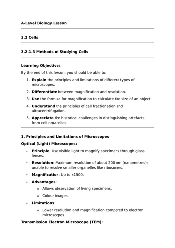 Methods of Studying Cells - A-Level Biology Lesson | Teaching Resources