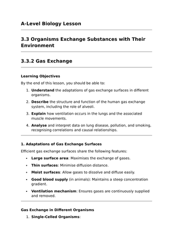 Gas Exchange - A-Level Biology Lesson | Teaching Resources