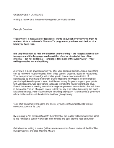 Teacher Resource Guidance Notes On Writing A Gcse Review Transactional Writing Teaching