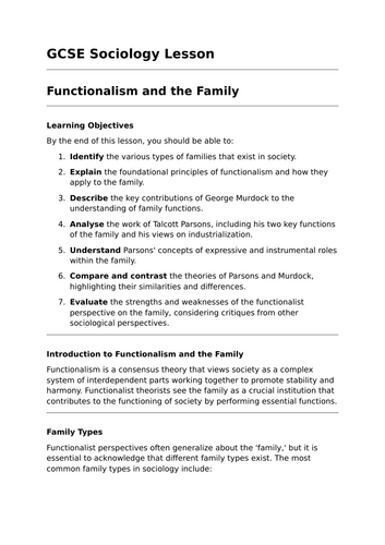 Functionalism and the Family - GCSE Sociology Lesson | Teaching Resources