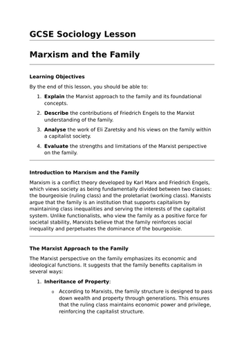 Marxism and the Family - GCSE Sociology Lesson | Teaching Resources