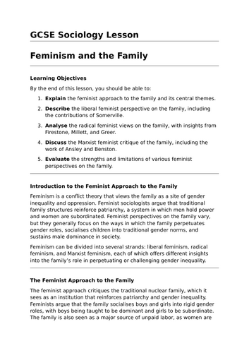 Feminism and the Family - GCSE Sociology Lesson | Teaching Resources