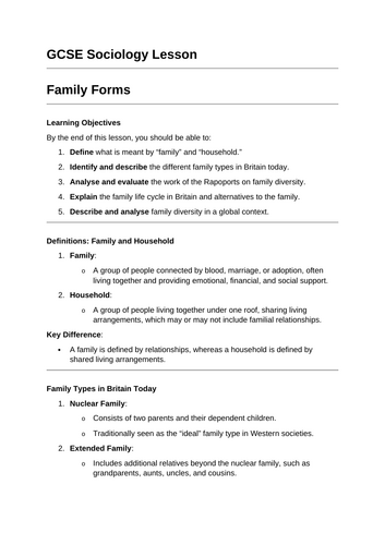 Family Forms - GCSE Sociology Lesson | Teaching Resources