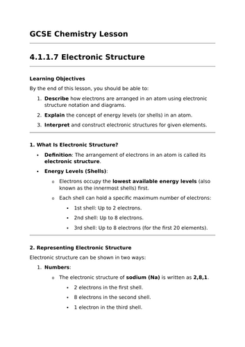 Electronic Structure - GCSE Chemistry Lesson | Teaching Resources