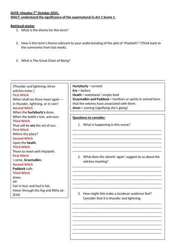 Macbeth Act 1 Worksheets | Teaching Resources