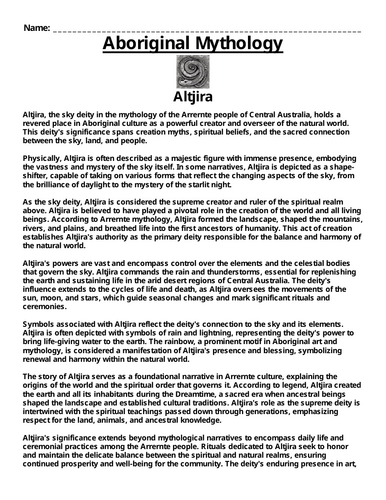 Aboriginal Mythology: Altjira Assignment | Teaching Resources