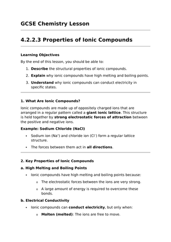 Properties of Ionic Compounds - GCSE Chemistry Lesson | Teaching Resources