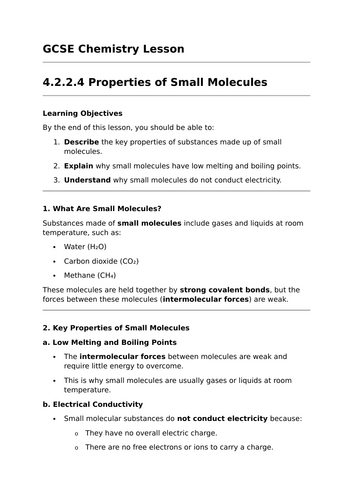 Properties of Small Molecules - GCSE Chemistry Lesson | Teaching Resources