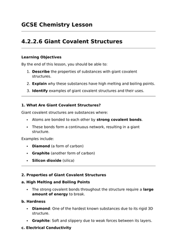 Giant Covalent Structures - GCSE Chemistry Lesson | Teaching Resources Giant Covalent Structures - GCSE Chemistry Lesson | Teaching Resources