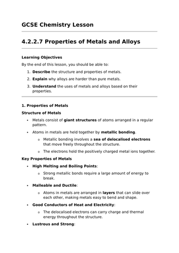 Properties of Metals and Alloys - GCSE Chemistry Lesson | Teaching ...