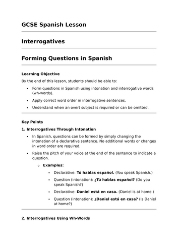 Interrogatives - GCSE Spanish Grammar Lesson | Teaching Resources