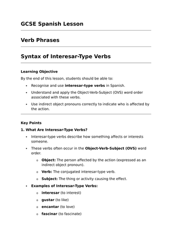 Interesar-Type Verbs - GCSE Spanish Grammar Lesson | Teaching Resources