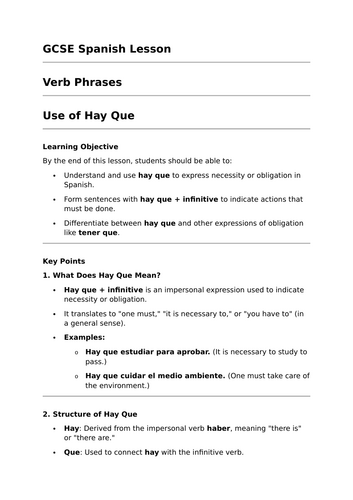 Use of 'Hay Que' - GCSE Spanish Grammar Lesson | Teaching Resources