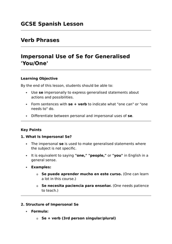 Use of 'Se' - GCSE Spanish Grammar Lesson | Teaching Resources