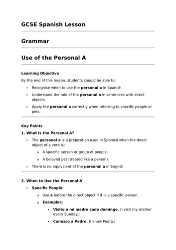 Use of the Personal A - GCSE Spanish Grammar Lesson | Teaching Resources