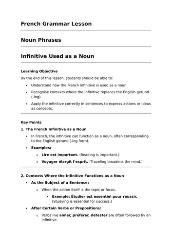 Using the Infinitive as a Noun - GCSE French Grammar Lesson | Teaching ...
