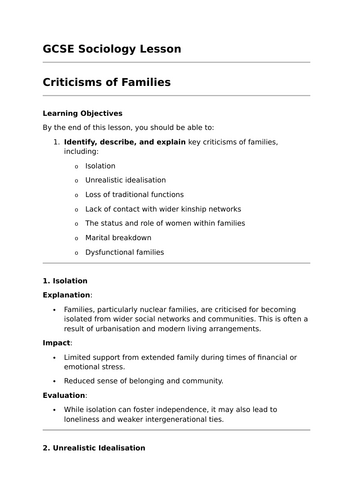 Criticisms of Families - GCSE Sociology Lesson | Teaching Resources