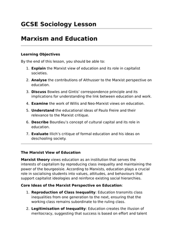 Marxism and Education - GCSE Sociology Lesson | Teaching Resources
