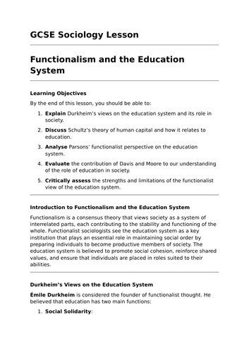 Functionalism and Education - GCSE Sociology Lesson | Teaching Resources