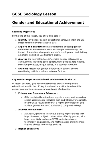 Gender and Educational Achievement - GCSE Sociology Lesson | Teaching ...