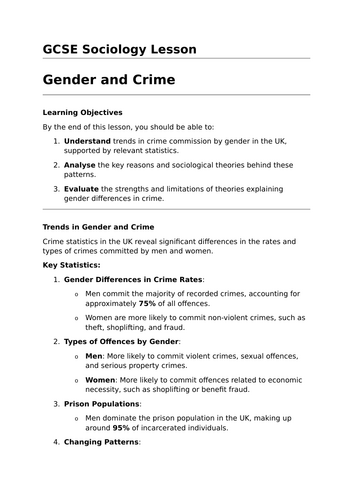 Gender and Crime - GCSE Sociology Lesson | Teaching Resources