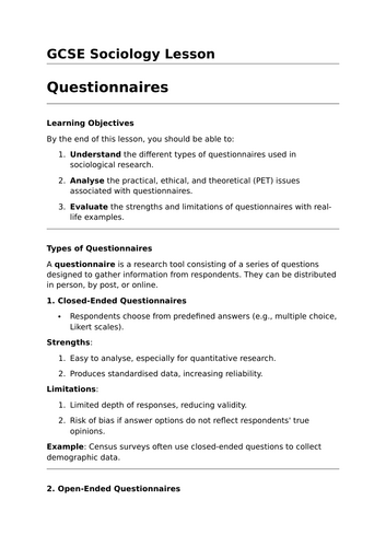Questionnaires - GCSE Sociology Lesson | Teaching Resources