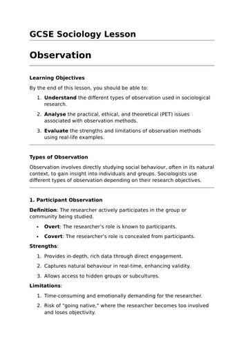 Observations - GCSE Sociology Lesson | Teaching Resources