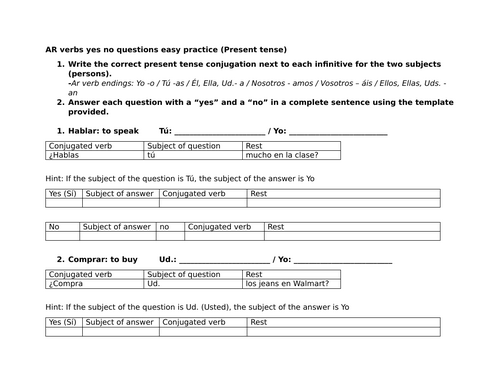 AR verbs yes no questions easy practice (Present tense) | Teaching ...