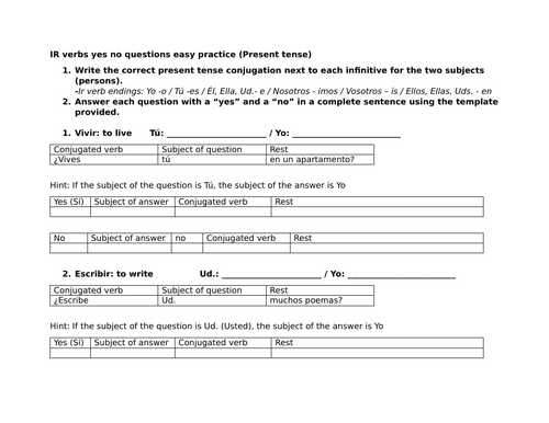 IR verbs yes no questions easy practice (Present tense) | Teaching ...
