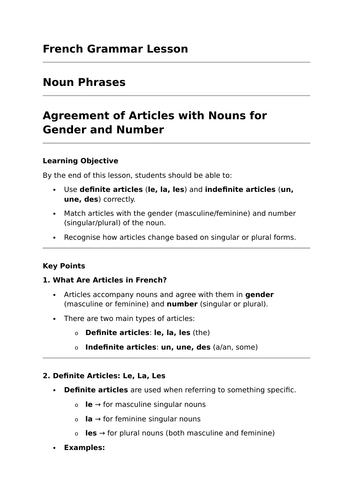 Article Agreement - GCSE French Grammar Lesson | Teaching Resources