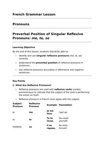 Singular Reflexive Pronouns - GCSE French Grammar Lesson | Teaching ...