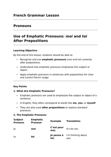 Emphatic Pronouns - GCSE French Grammar Lesson | Teaching Resources