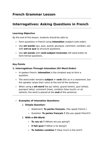 Interrogatives - GCSE French Grammar Lesson | Teaching Resources